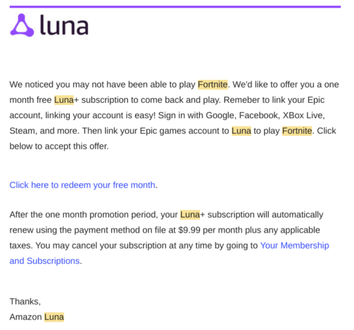 Amazon Giving out Free Month of Luna+ Due to Fortnite "Oops"